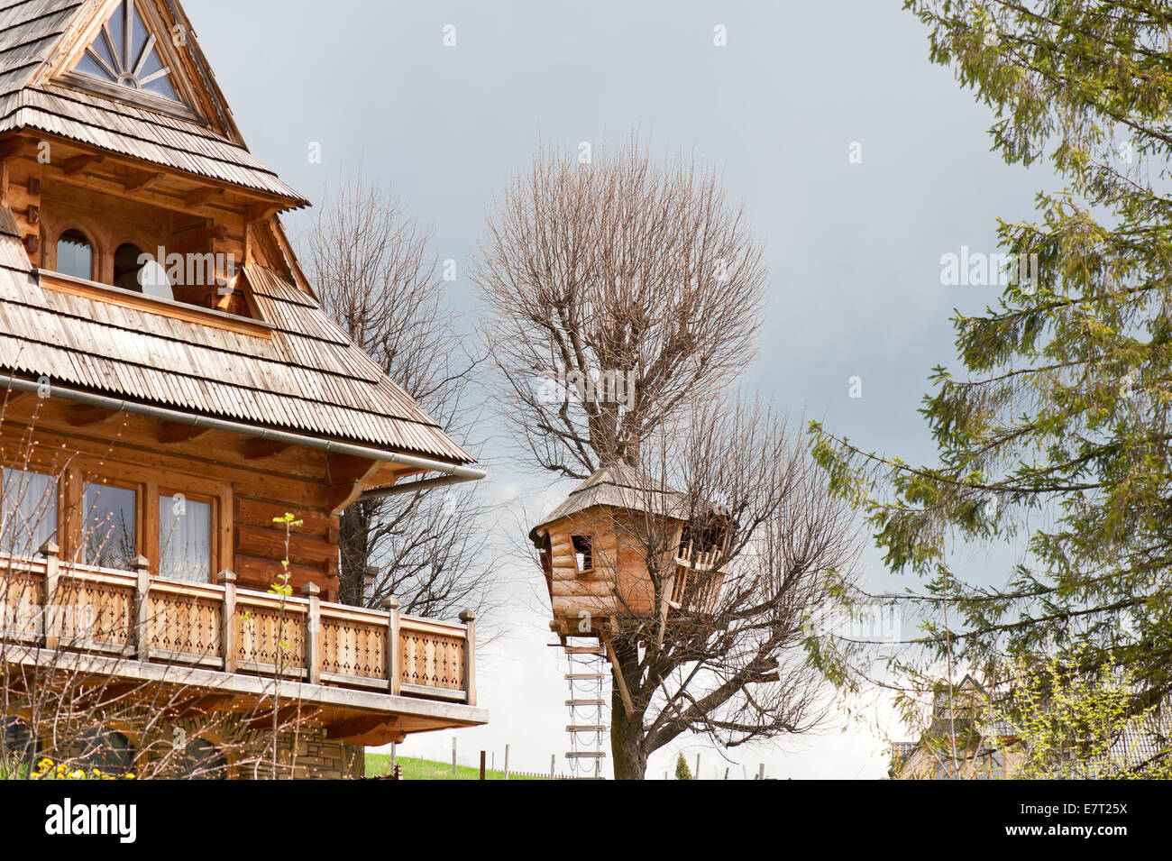 Fairy wooden tree house with ladder Stock Photo - Alamy