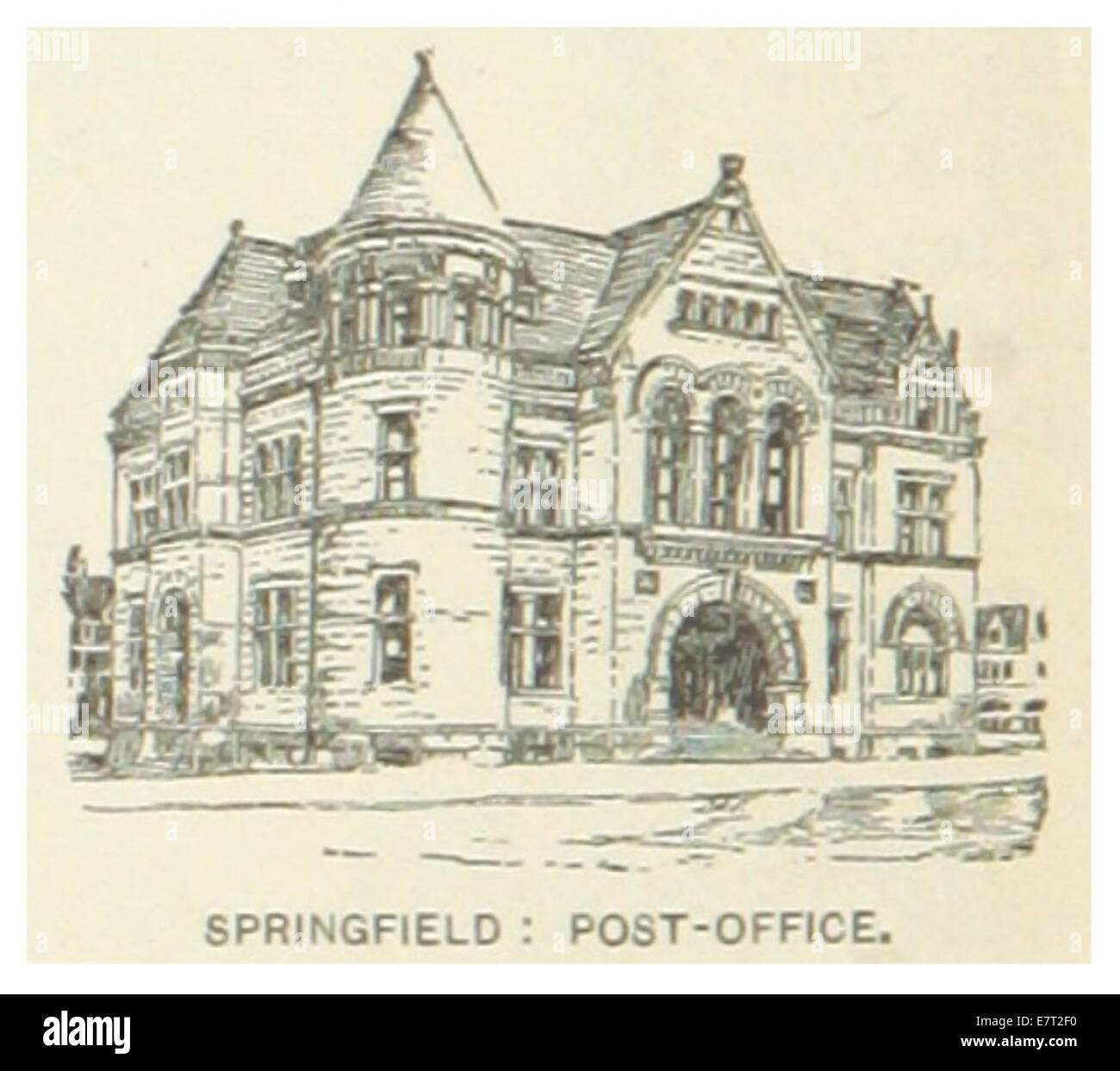 An 1891 illustration of the Springfield Post Office in Ohio, capturing ...