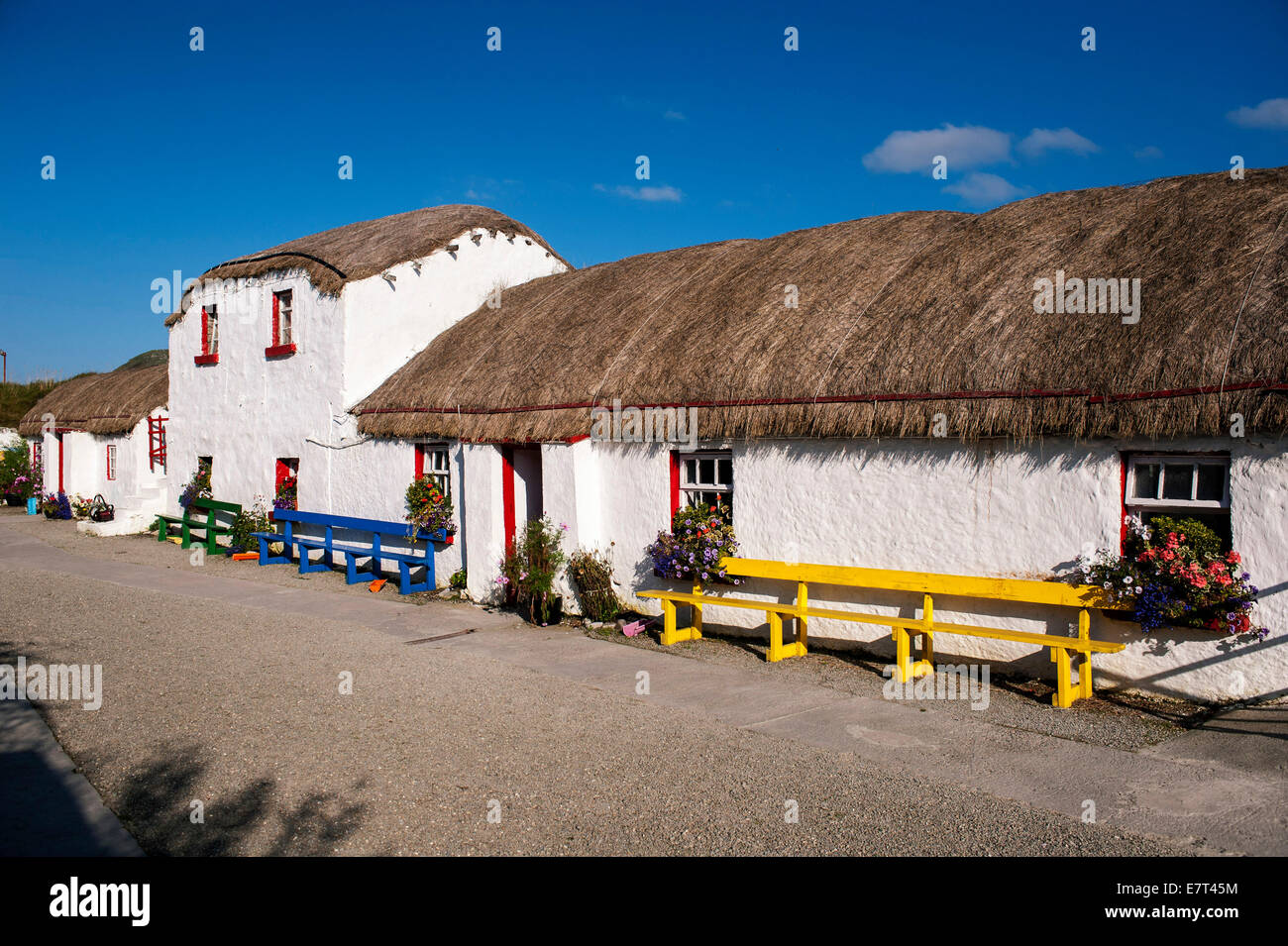Traditional thatch roof 19th century Irish cottages at the Famine ...