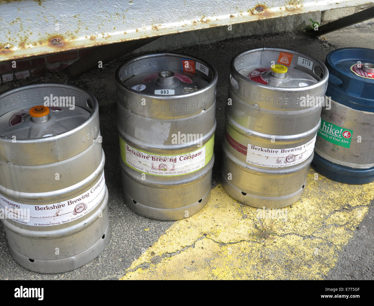 Beer kegs are lined up under loading dock for use at a musical festival ...