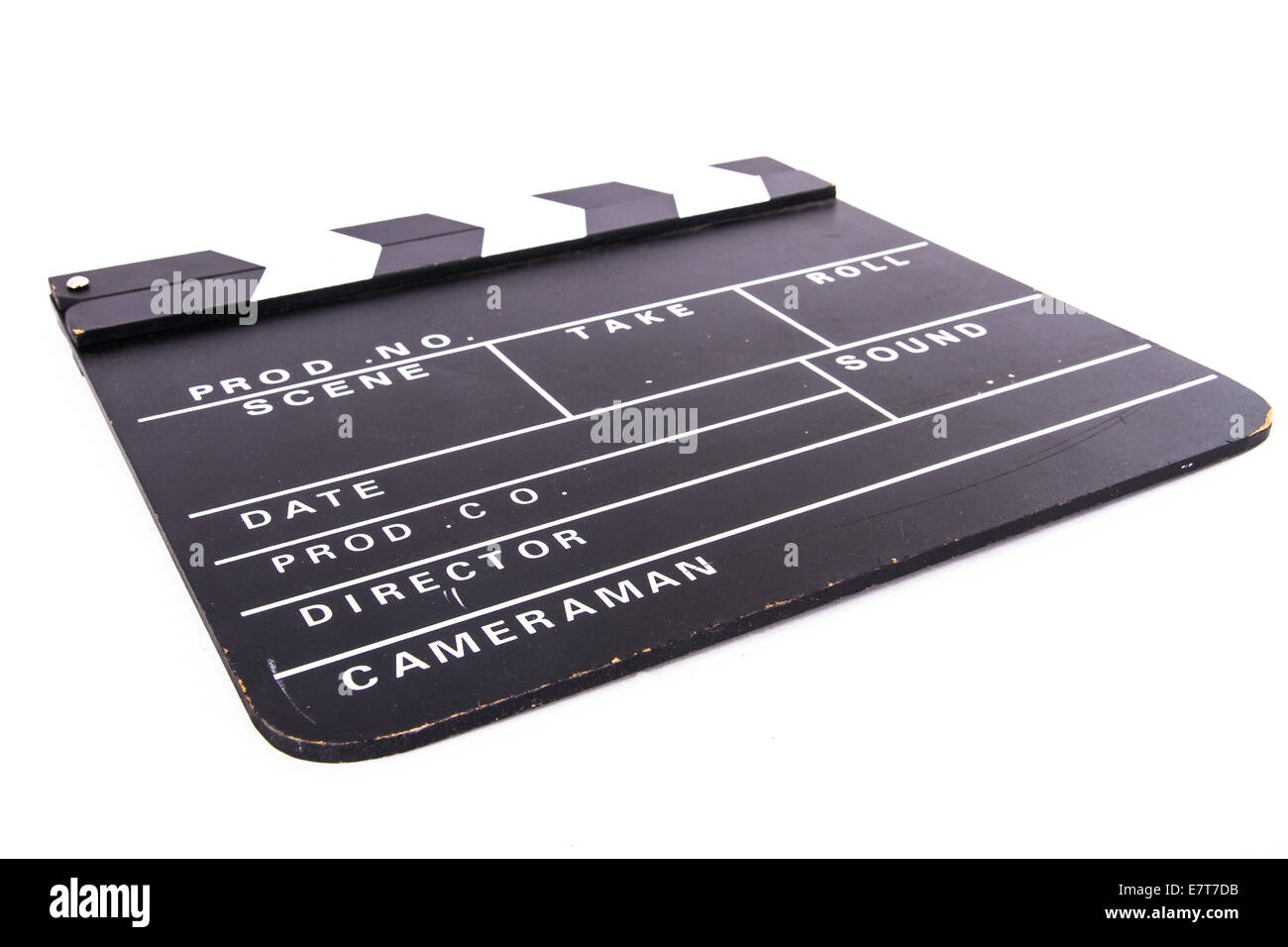 Blank old black cinema clapper board, isolated on white background ...