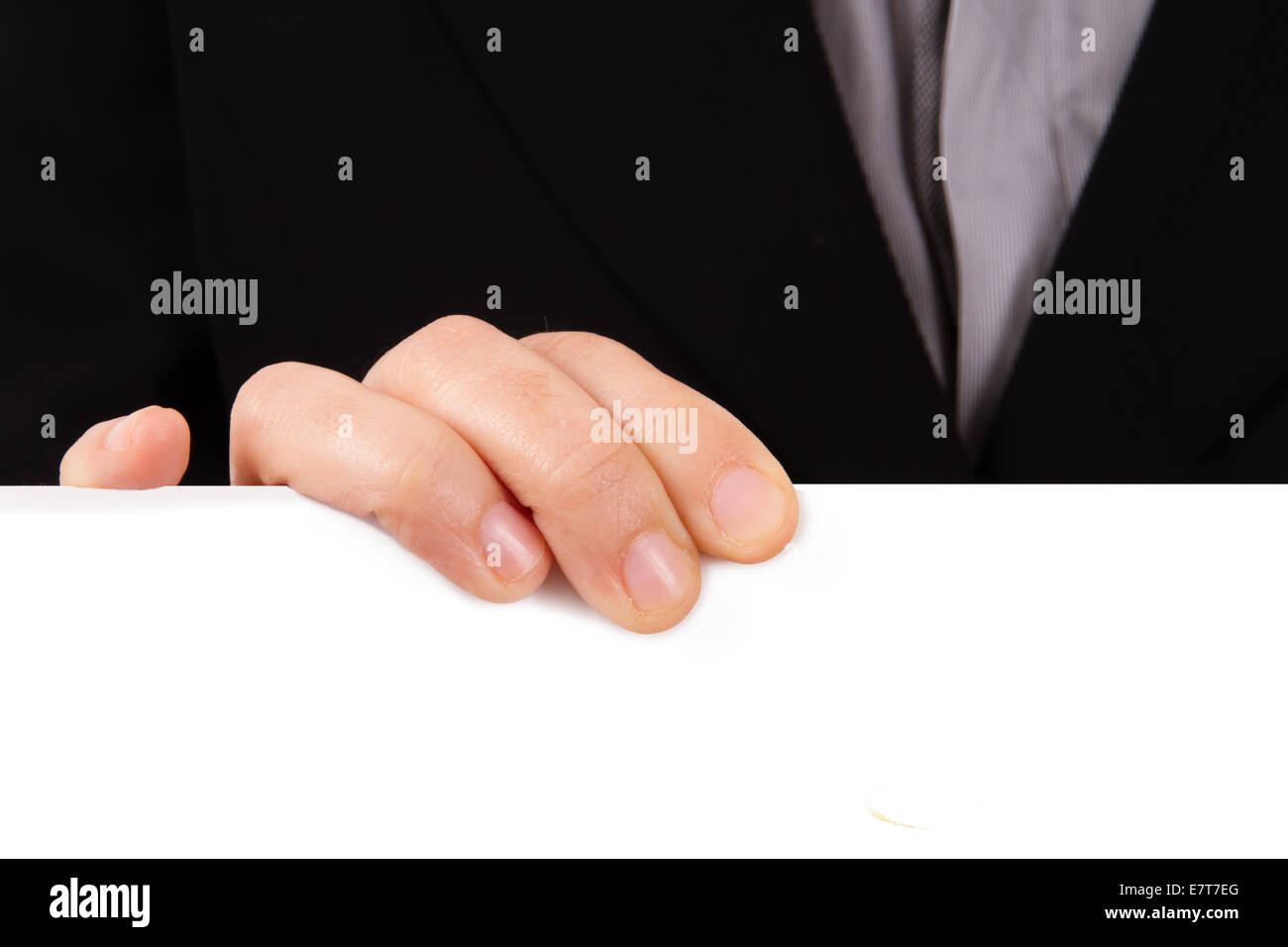 Business woman hand holding and showing white, empty poster, paper sign ...