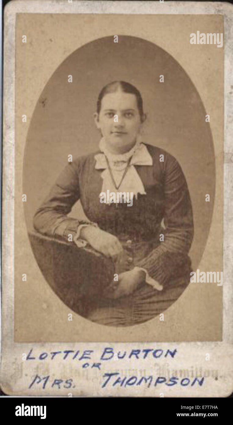 A vintage portrait of a woman identified as Lottie Burton, or Mrs ...