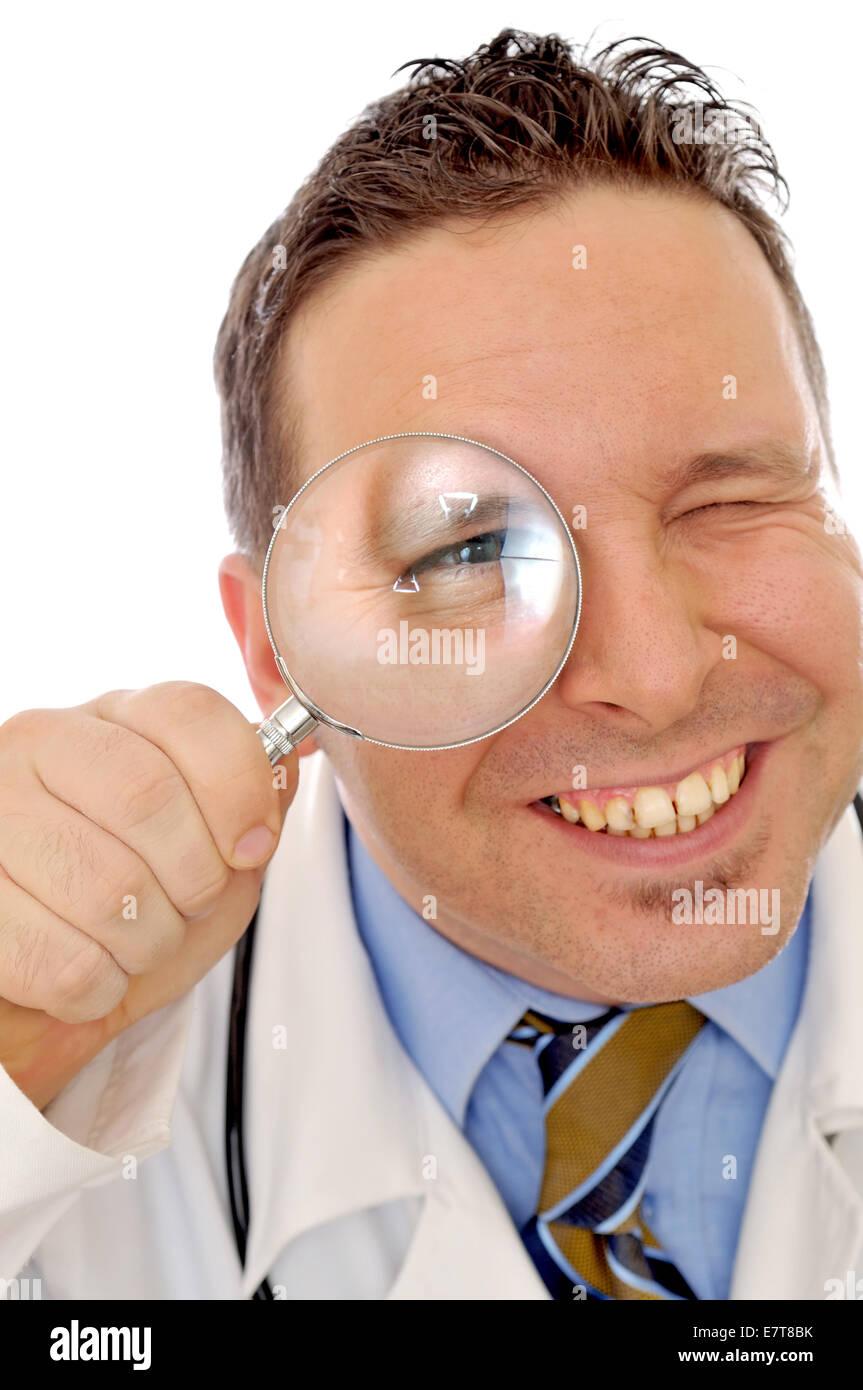 doctor's eye in the magnifying glass on the white background Stock ...