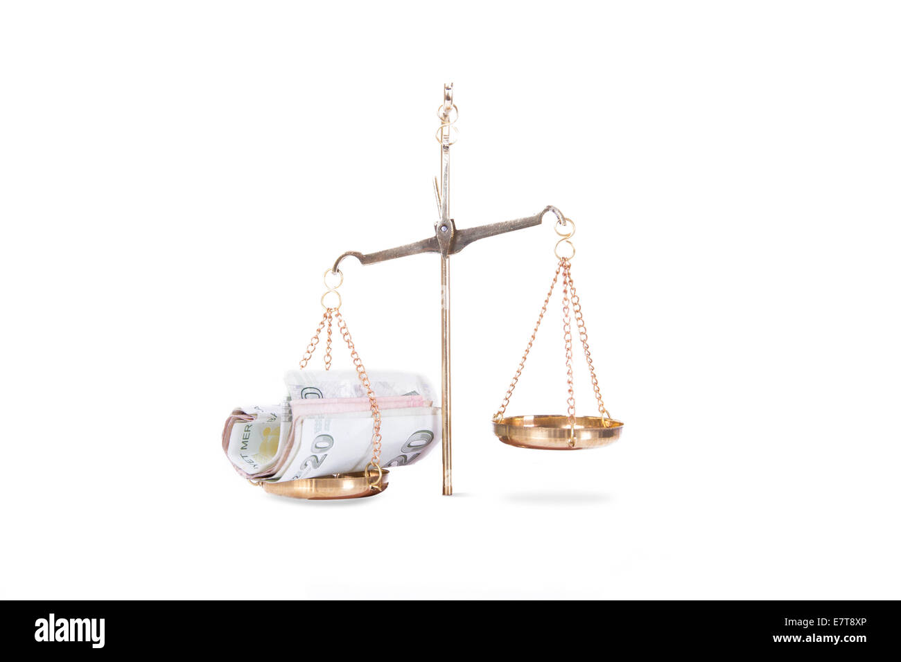 Golden balance scales of justice, money as weight, isolated on white ...