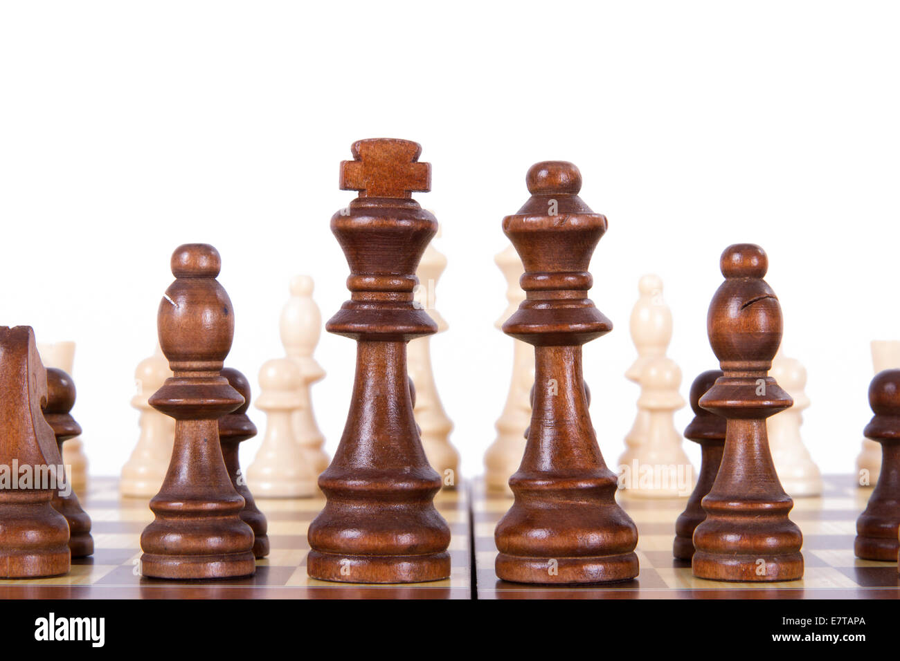 Chess board with starting positions aligned chess pieces, back view ...