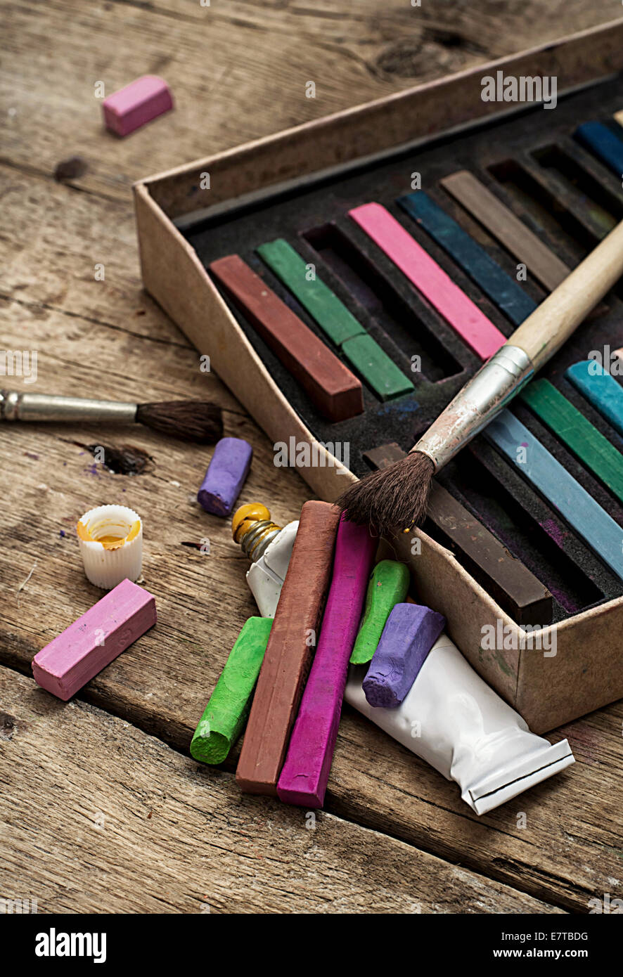 color paints,crayons and pencils for drawing in old style Stock Photo ...