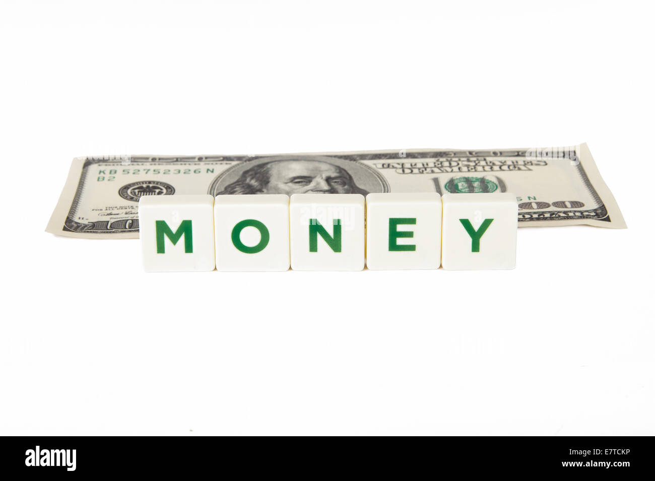 Money word in letters and one hundred dollar bill, isolated on white ...