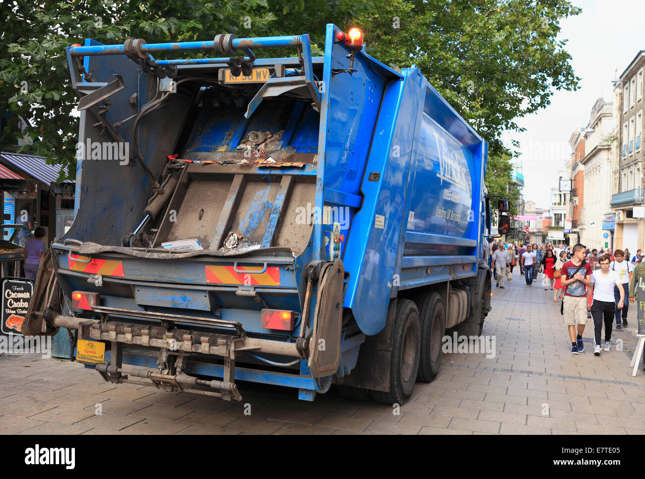 Viridor refuse lorry collecting recycling waste in Norwich city centre ...