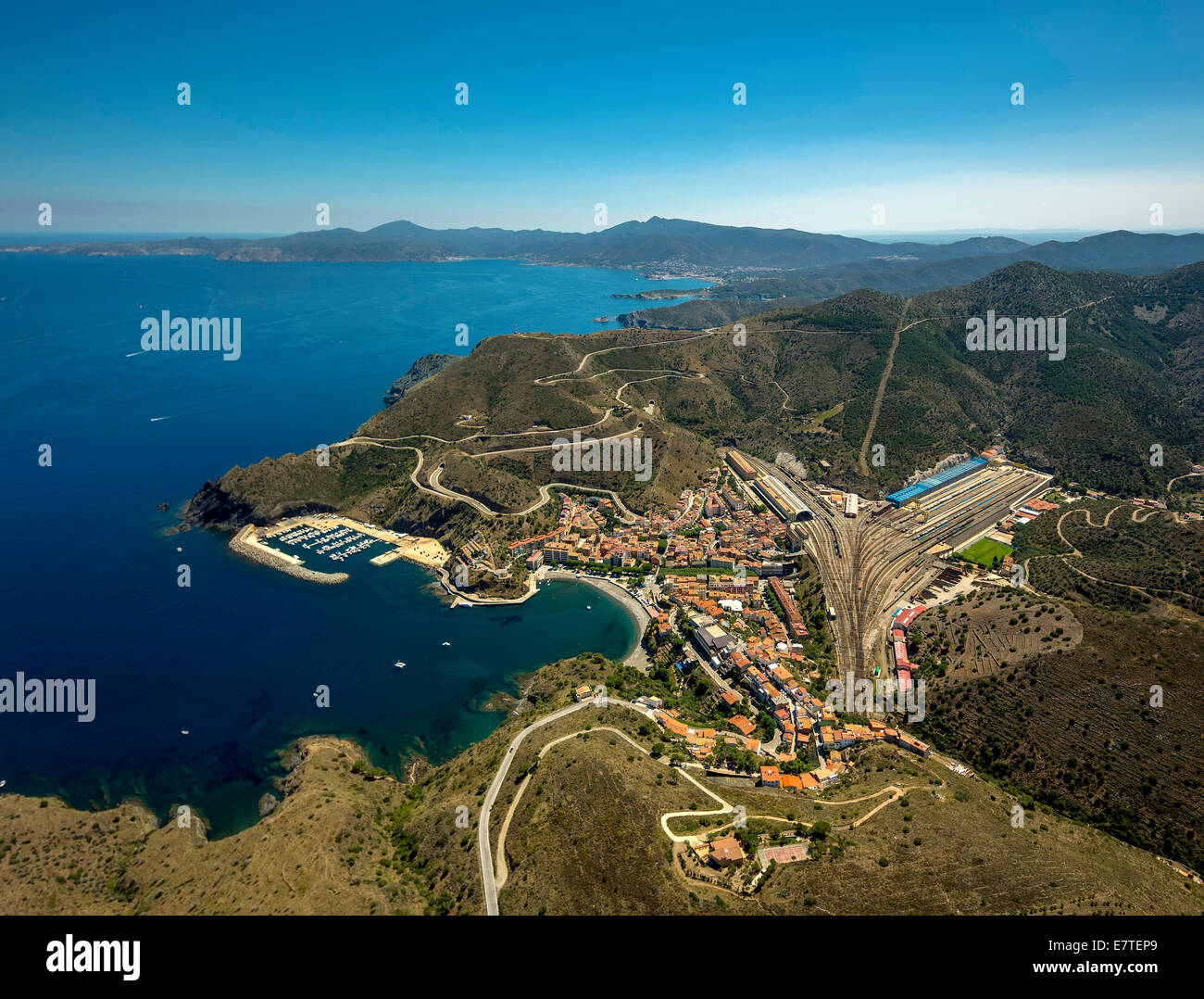 Aerial view, border town, Mediterranean coast, bay, harbour, Portbou ...