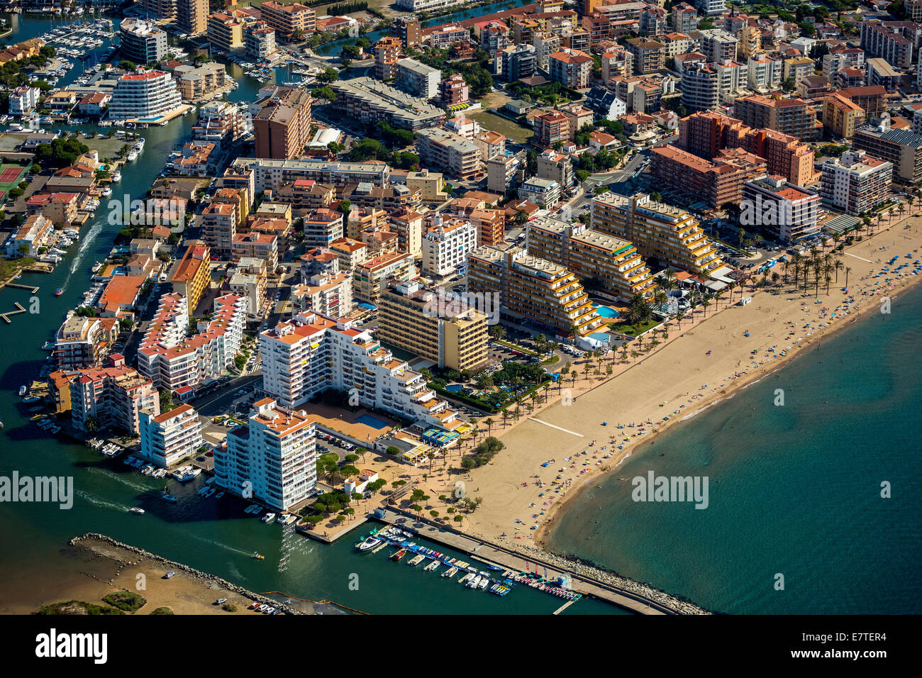 Aerial view, high-rise buildings, holiday resort on the beach, Roses ...