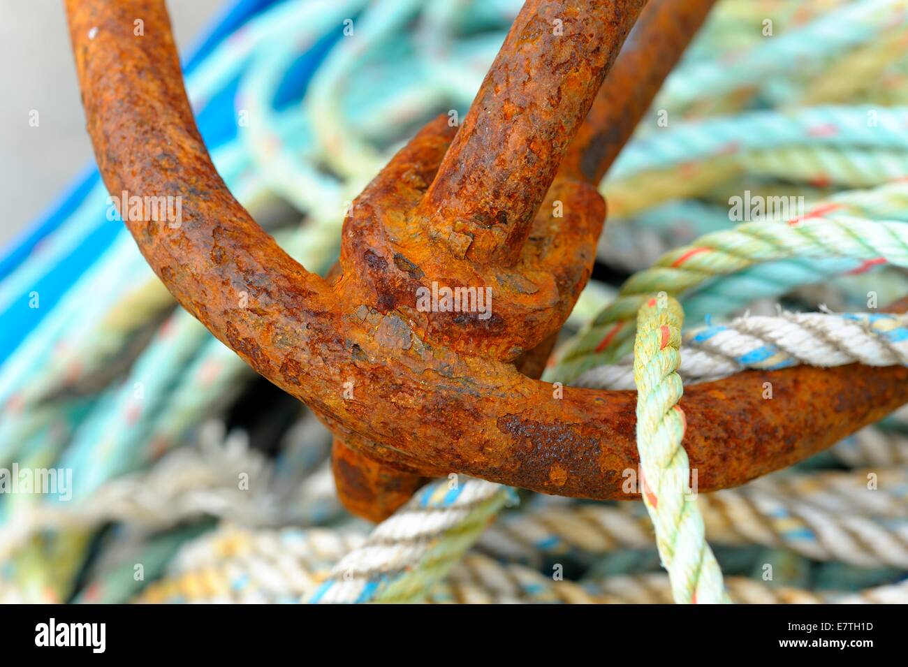 A small rusted anchor amongst fishing rope England uk Stock Photo - Alamy