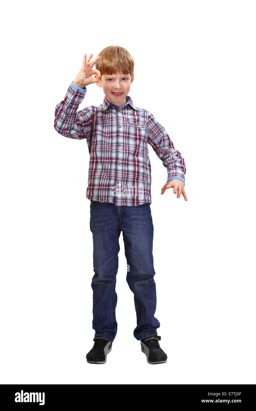 Boy stands ahd show okey sign isolated on white background Stock Photo ...