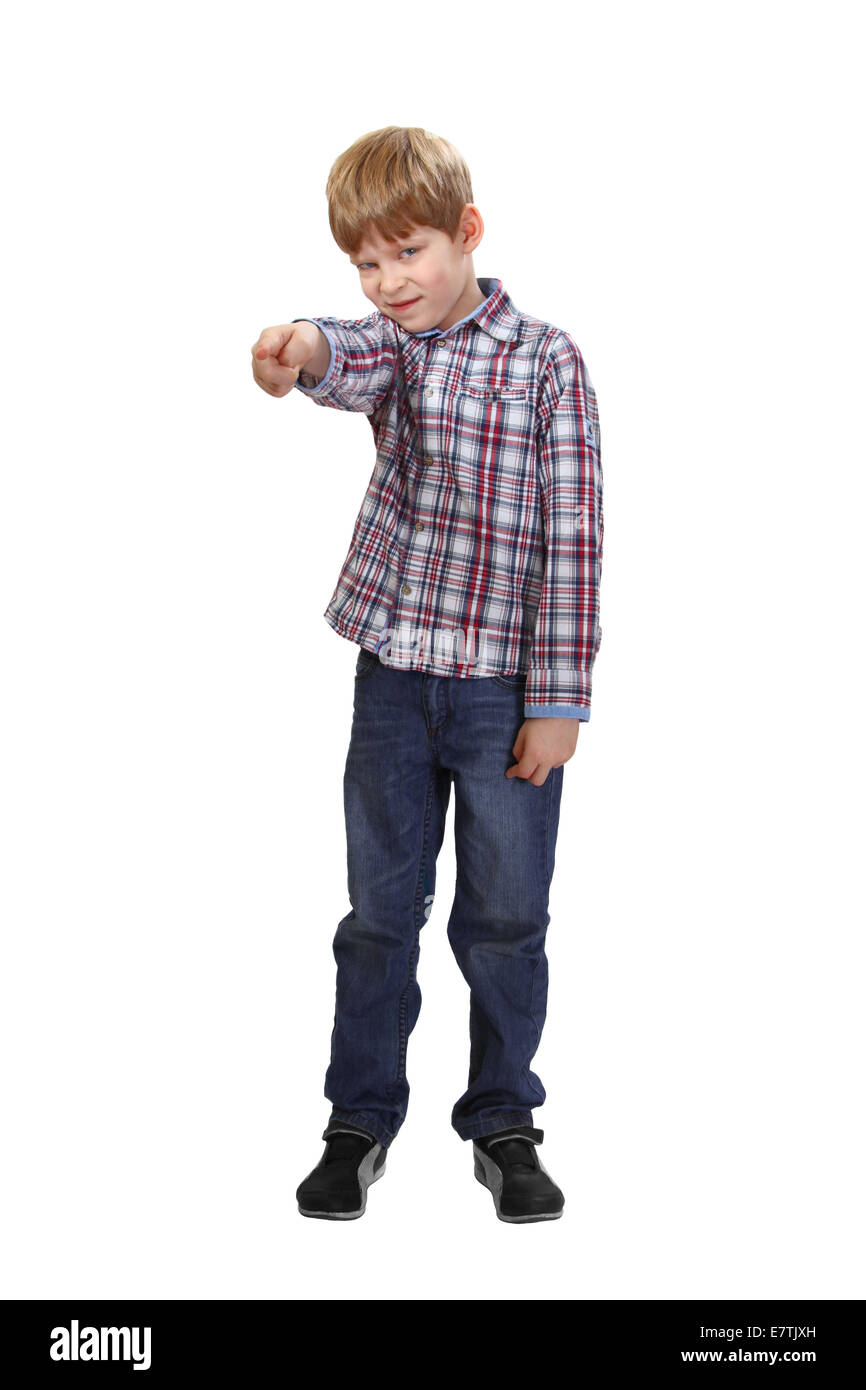 Boy points forward with forefinger isolated on white background Stock ...