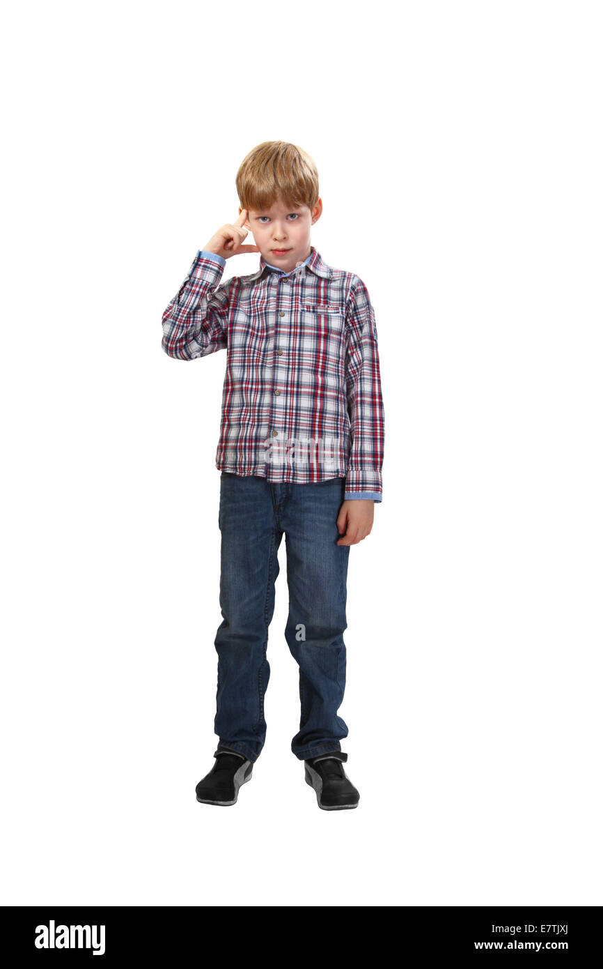 Boy stands thinking isolated on white background Stock Photo - Alamy