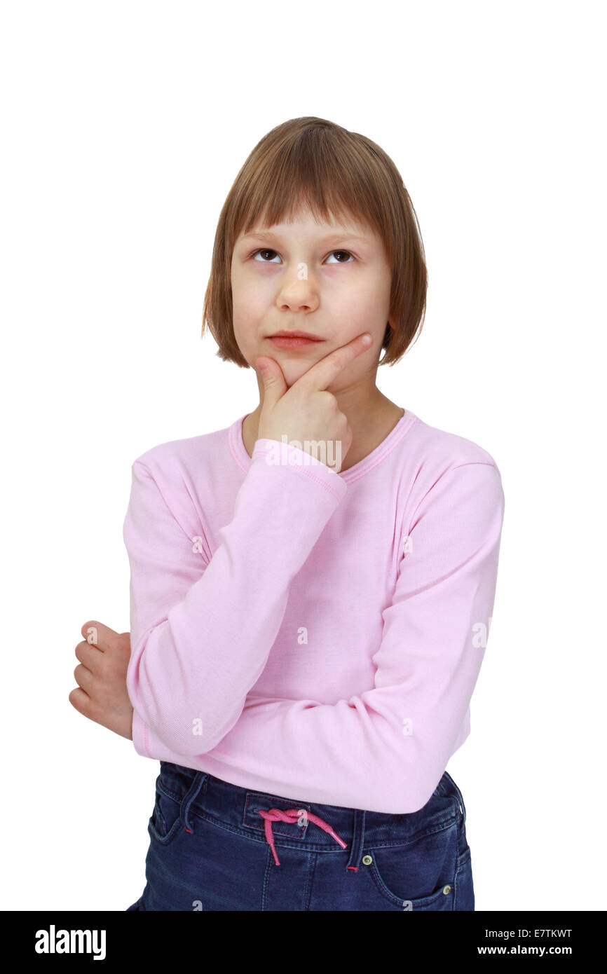Girl with thoughtful facial expression isolated on white background ...