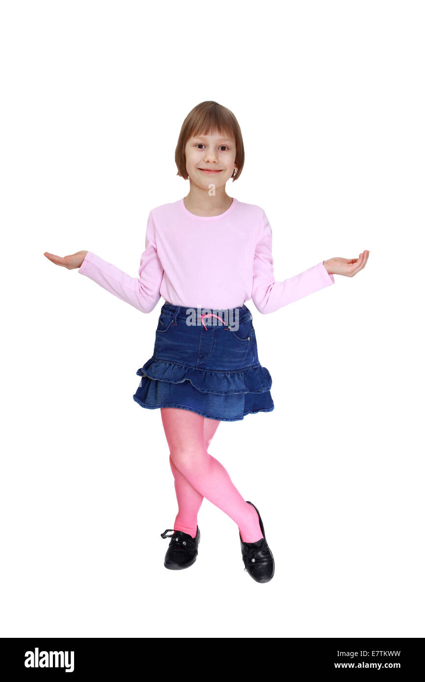 Cute girl curtsies isolated on white background Stock Photo - Alamy