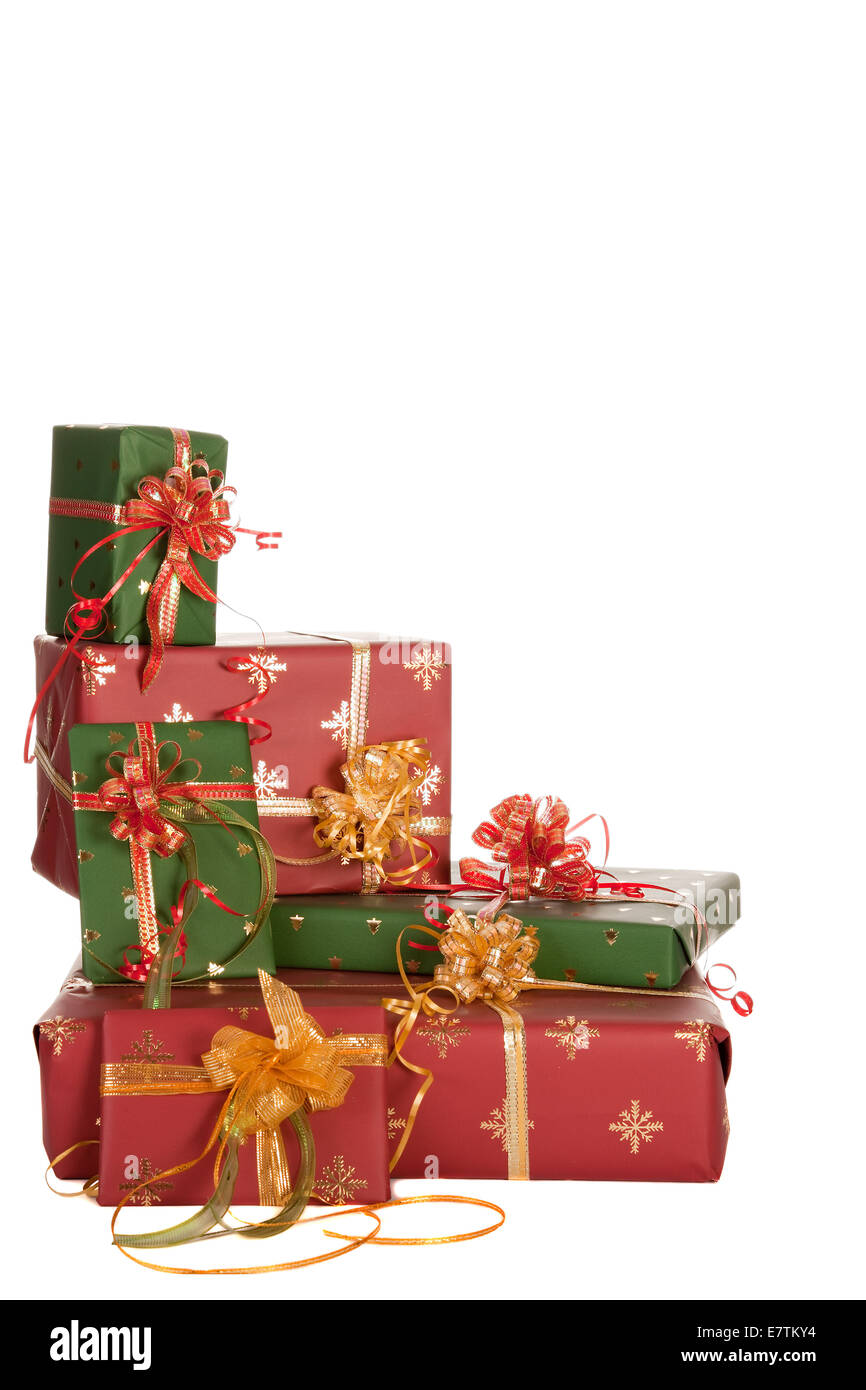 Isolated stack of christmas presents in red and green Stock Photo - Alamy
