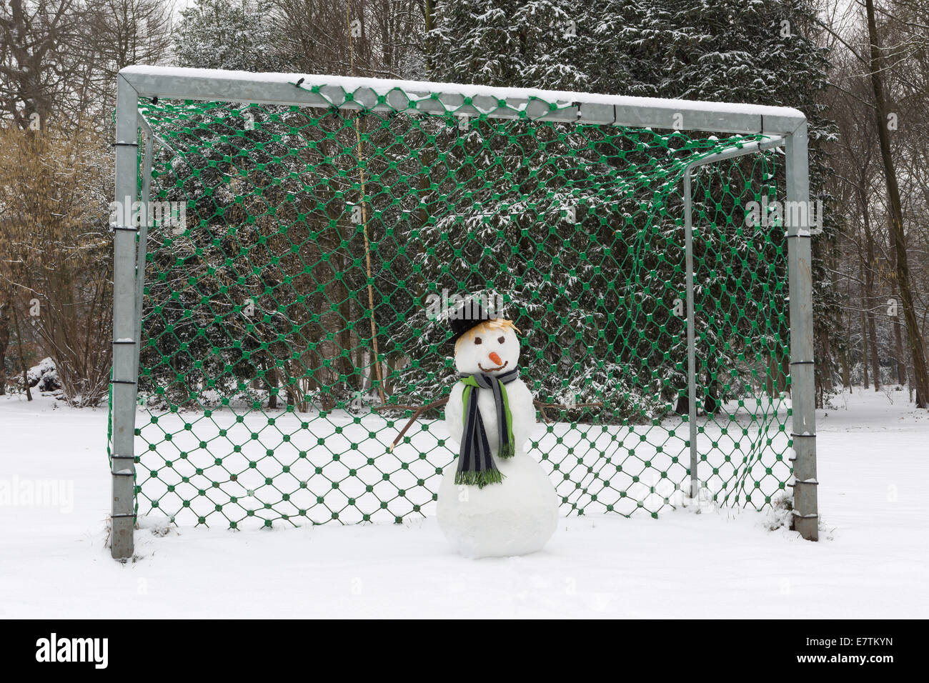 Funny snowman defending the soccer goal in the park Stock Photo - Alamy