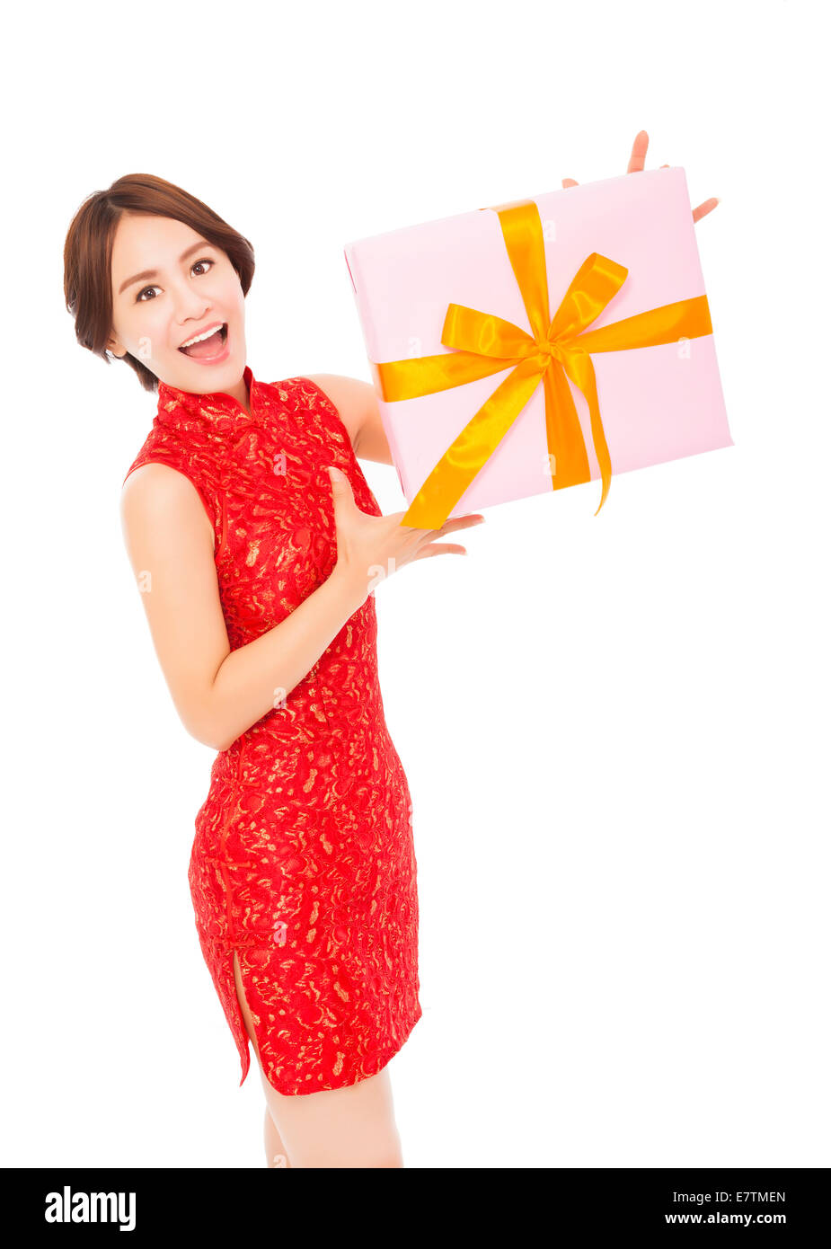 beautiful young asian woman holding a gift box over white background ...