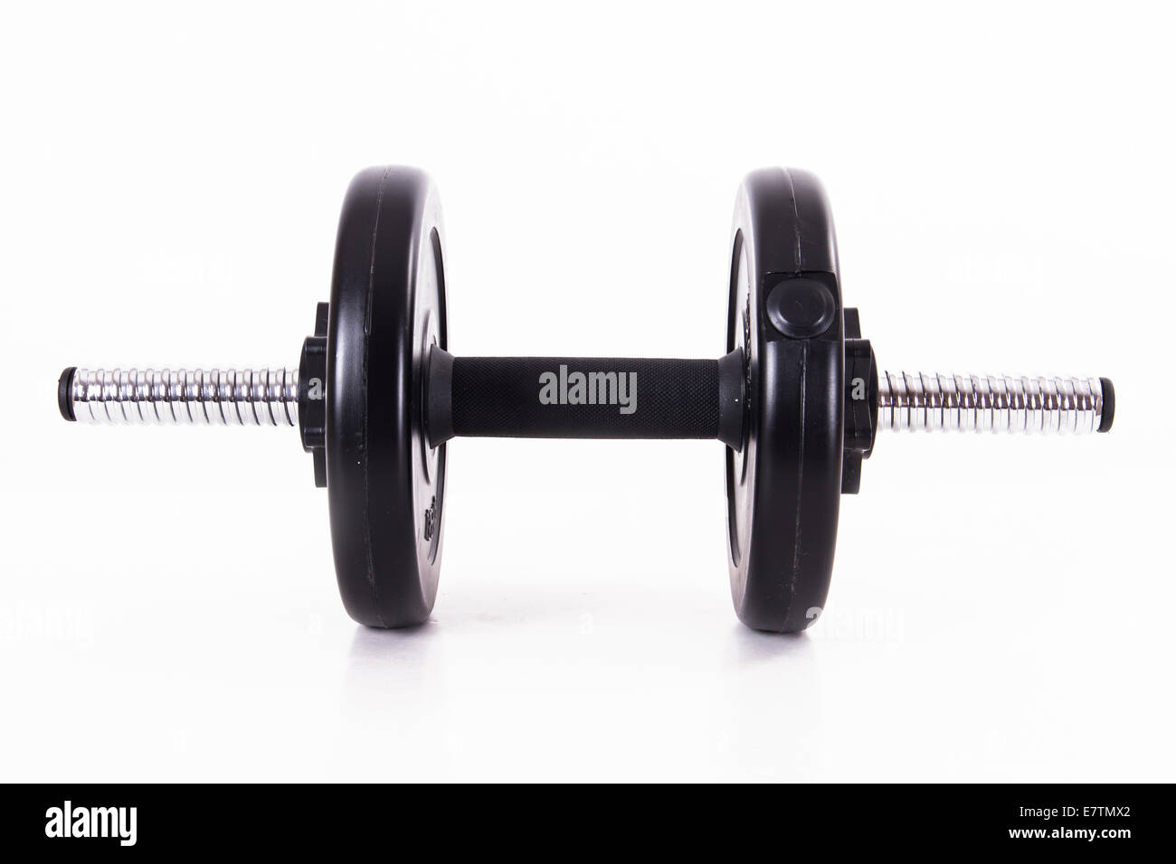 Front view of single black gym barbell, dumbbell, isolated on white ...