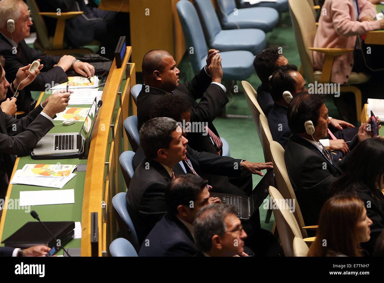 New York, USA. 23rd September, 2014. Dignitaries listen as President ...