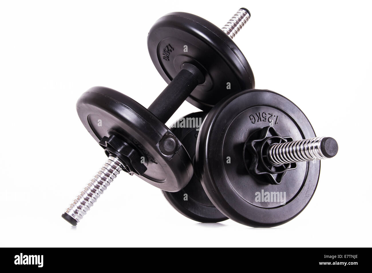 Black gym barbell, dumbbell with disks, isolated on white background ...