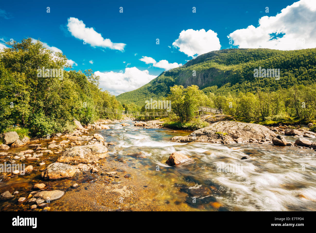 Norway Nature River. Sunny Summer Day, Landscape With Mountain, Pure ...
