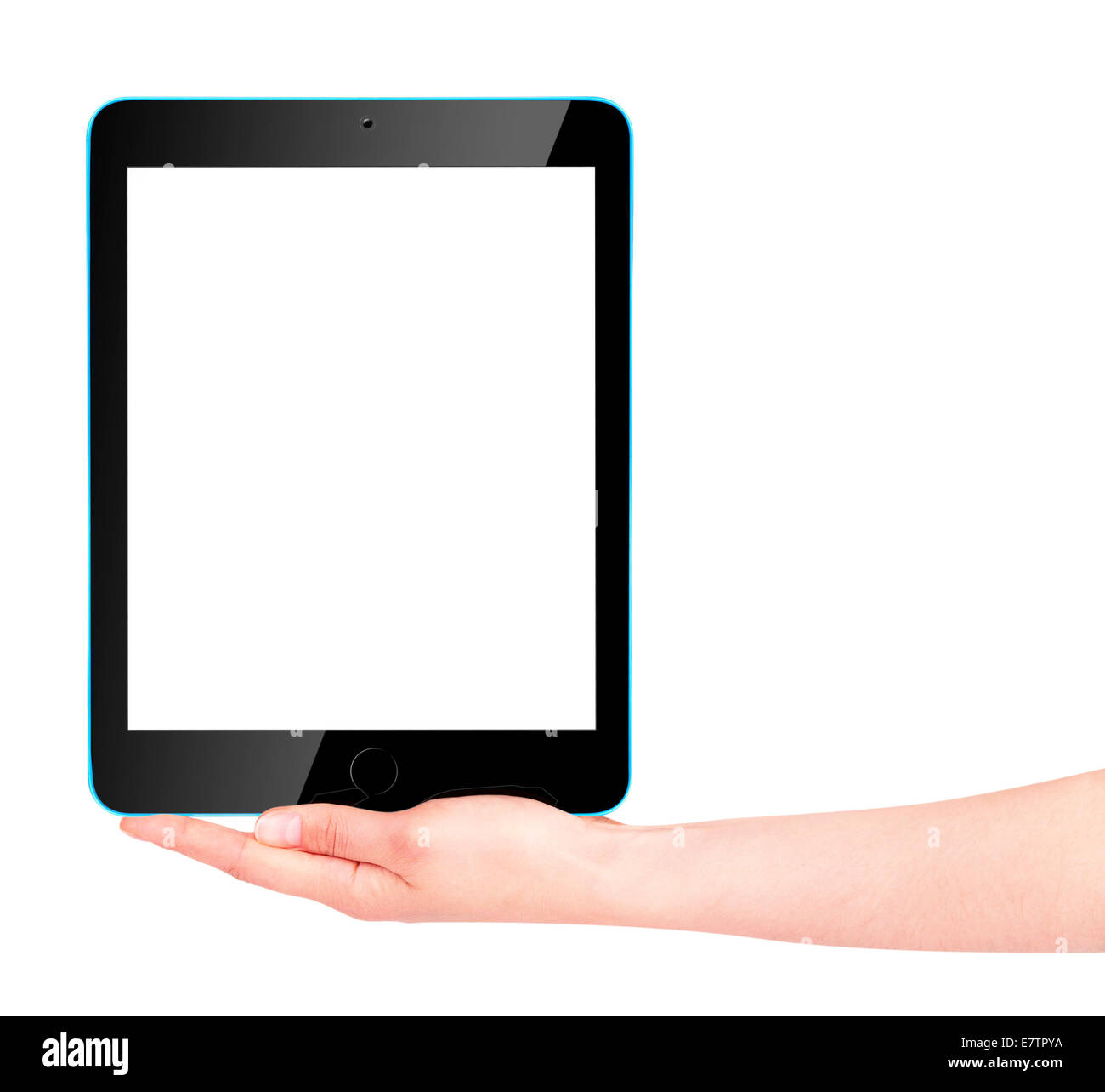 Touch screen tablet computer with blank screen and woman hand isolated ...