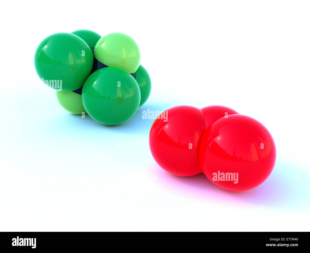 Molecular structure of freon (CFC 12) and ozone, computer artwork Stock ...