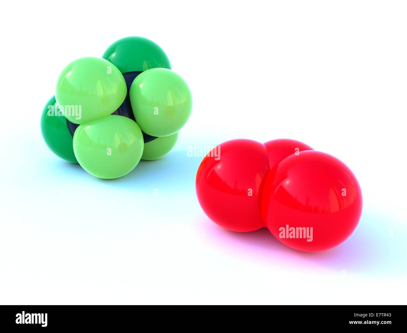 Molecular structure of freon (CFC 14) and ozone, computer artwork Stock ...