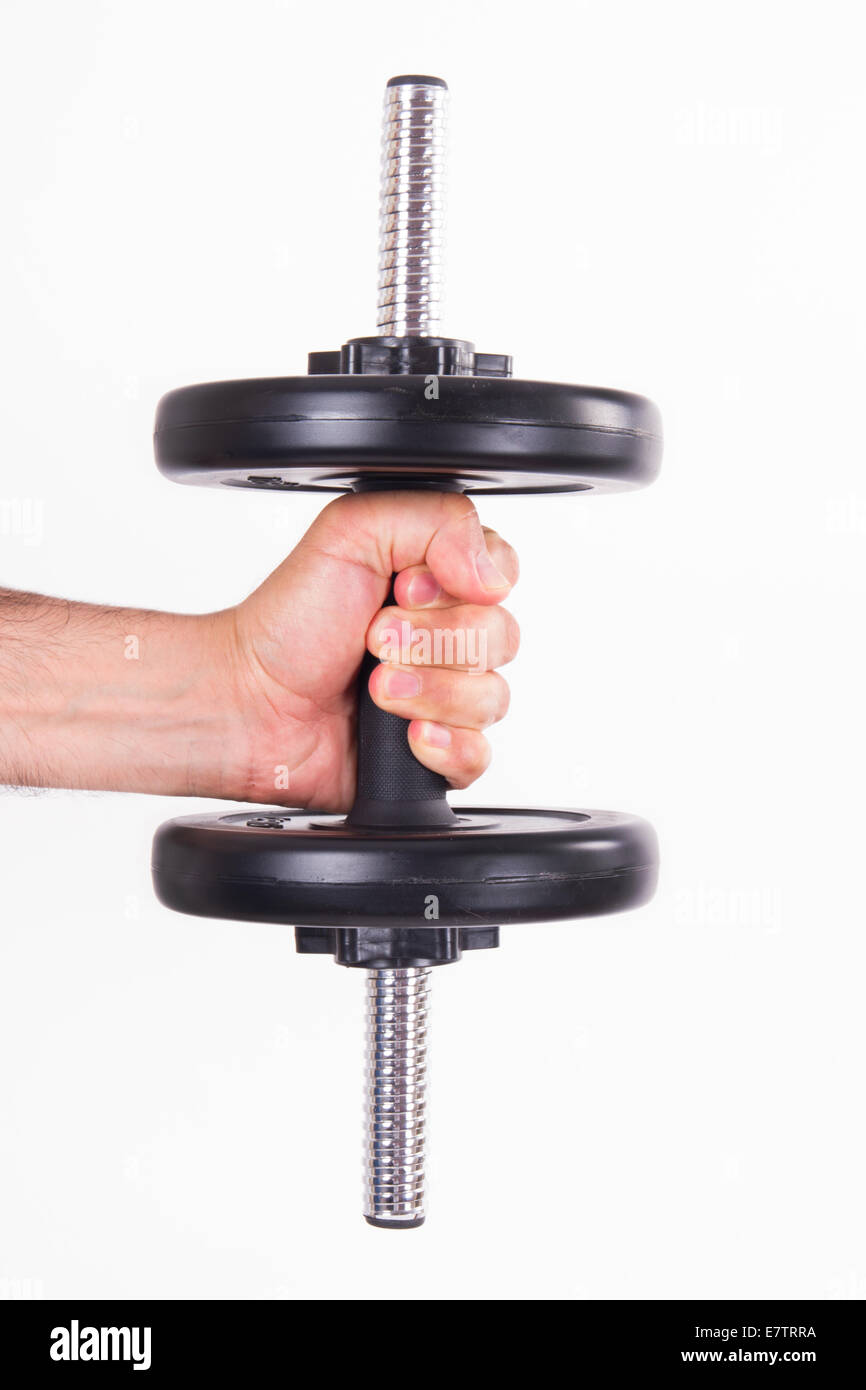 Hand holding black gym barbell, dumbbell with disks, isolated on white ...