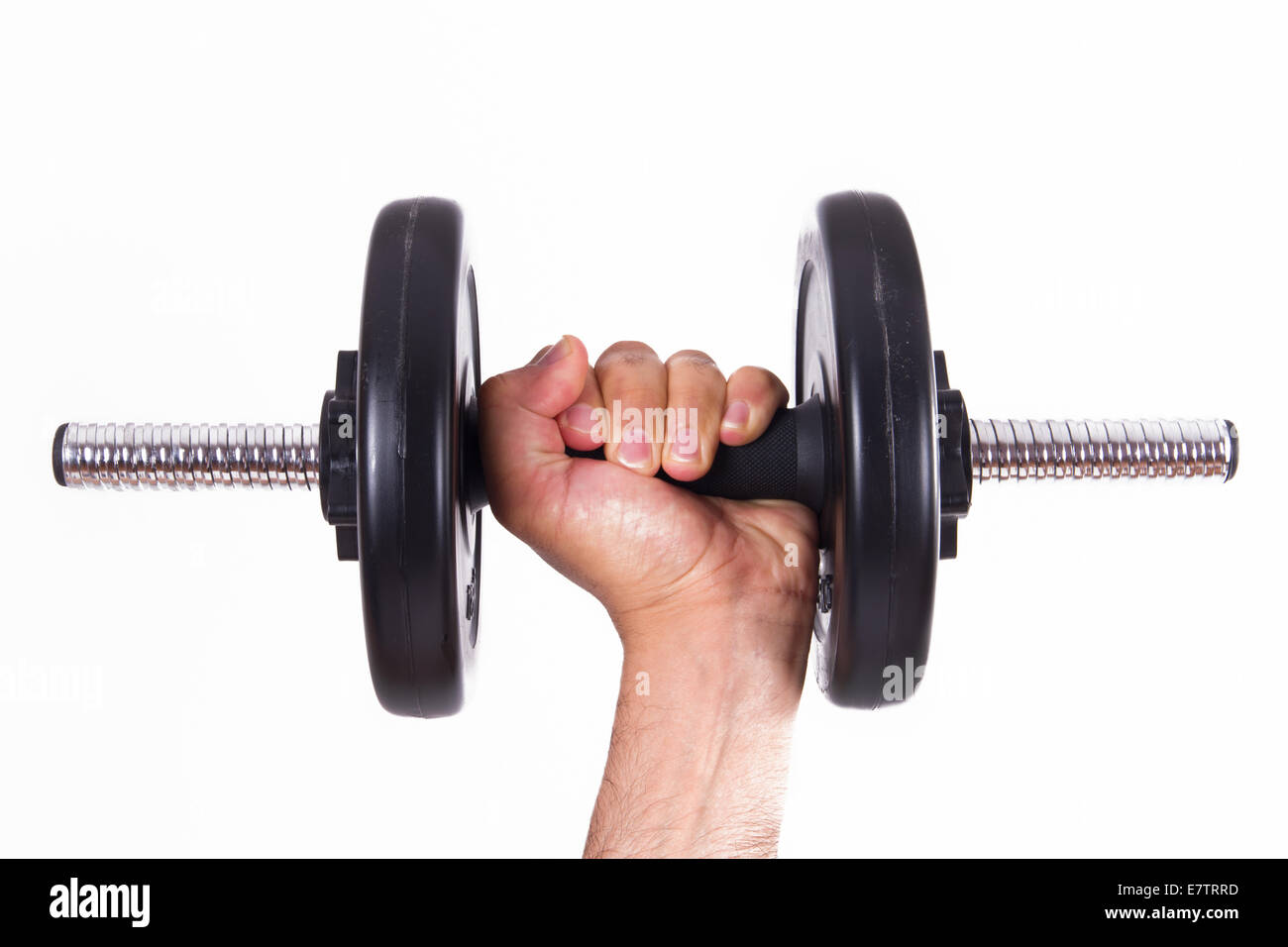 Hand holding black gym barbell, dumbbell with disks, isolated on white ...