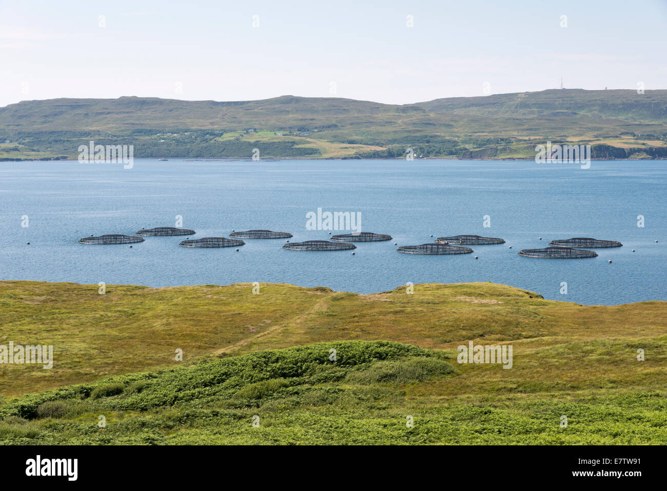 Fish farming or salmon farming enclosures in a loch on the Isle of Skye ...