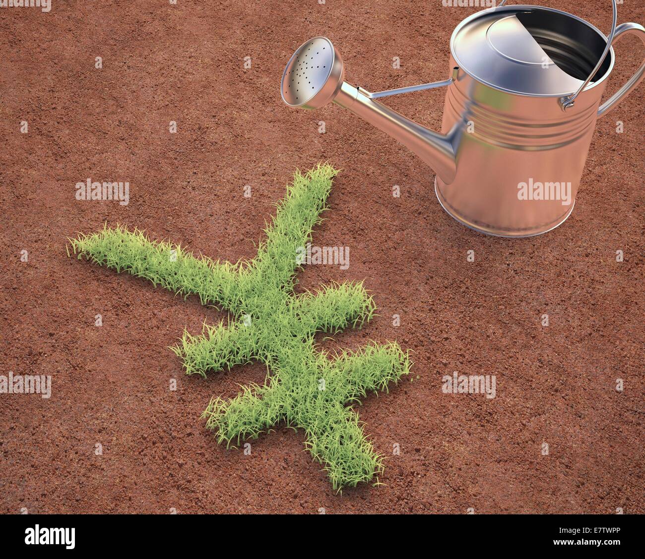 Japanese yen sign and watering can, conceptual artwork Stock Photo - Alamy
