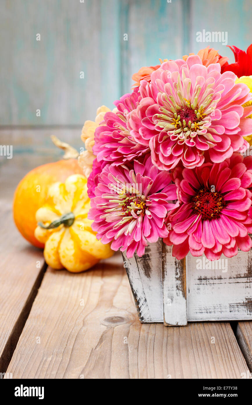 Bouquet of zinnia flowers in wooden box. Summer decoration Stock Photo ...