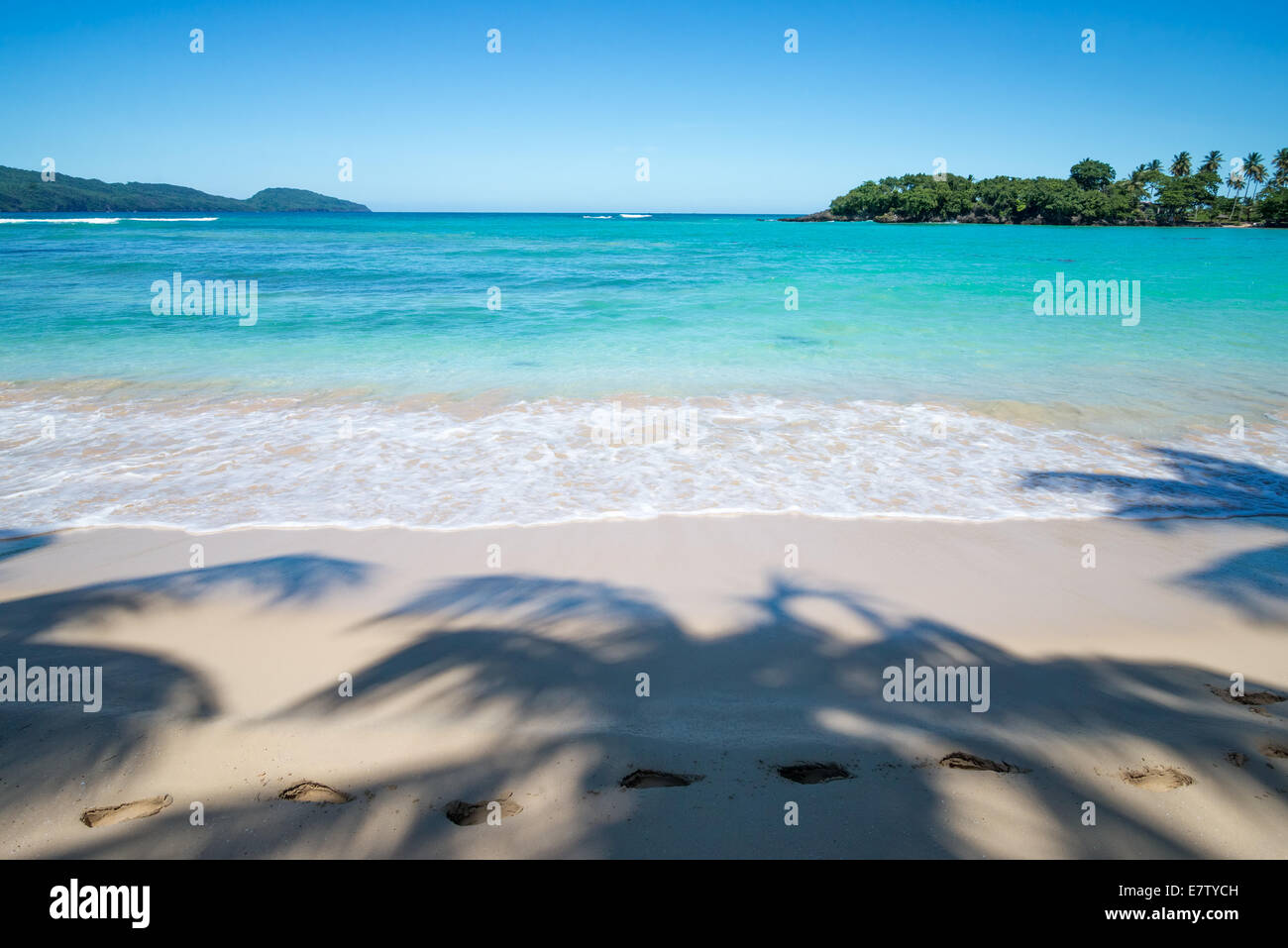 Footsteps in palm trees shadow, on perfect tropical beach Stock Photo ...