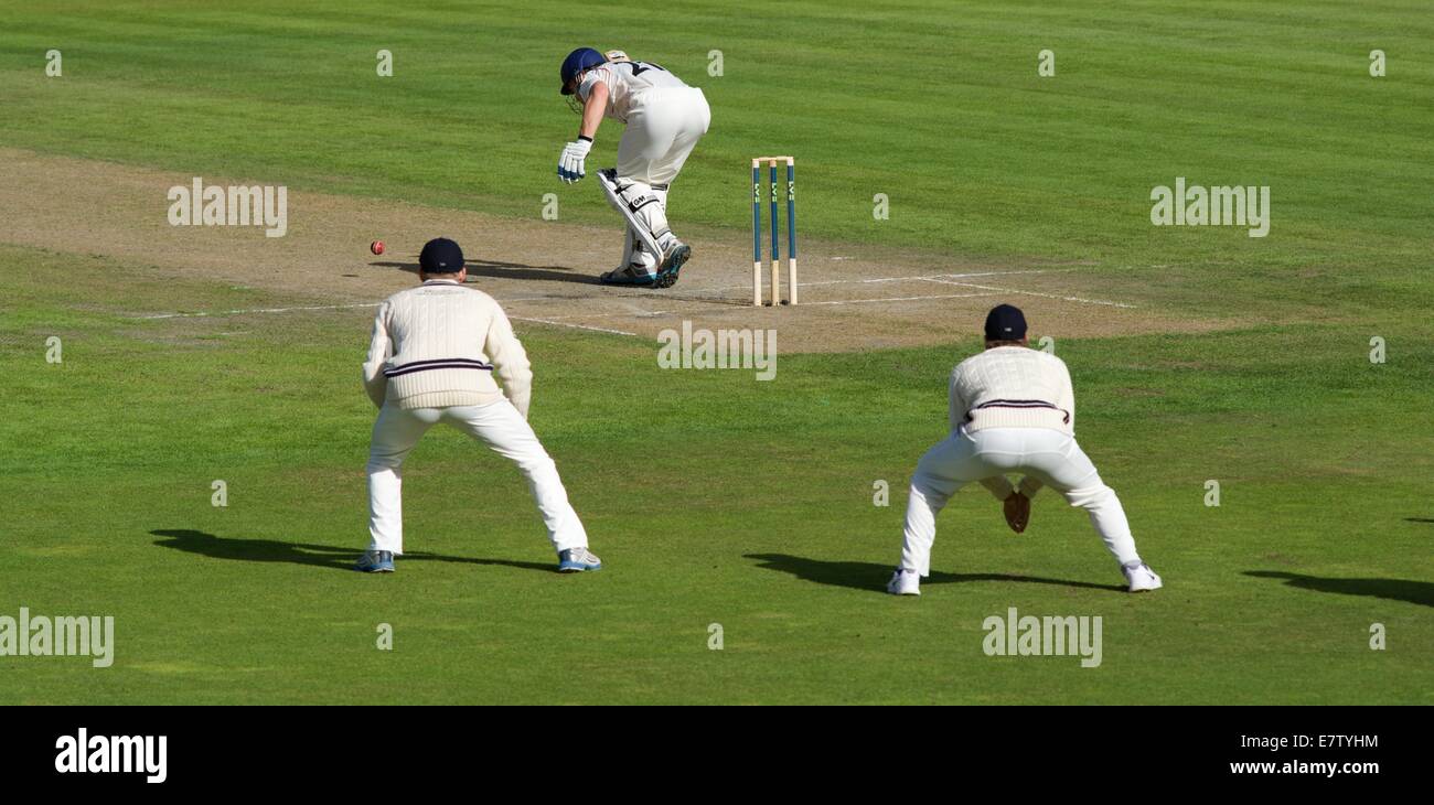 Manchester, UK 24th September 2014 Luis Reece (Lancashire) is hit on ...