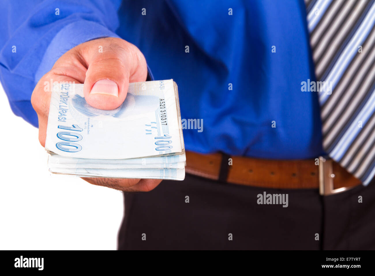 Businessman giving money, isolated on white background Stock Photo - Alamy