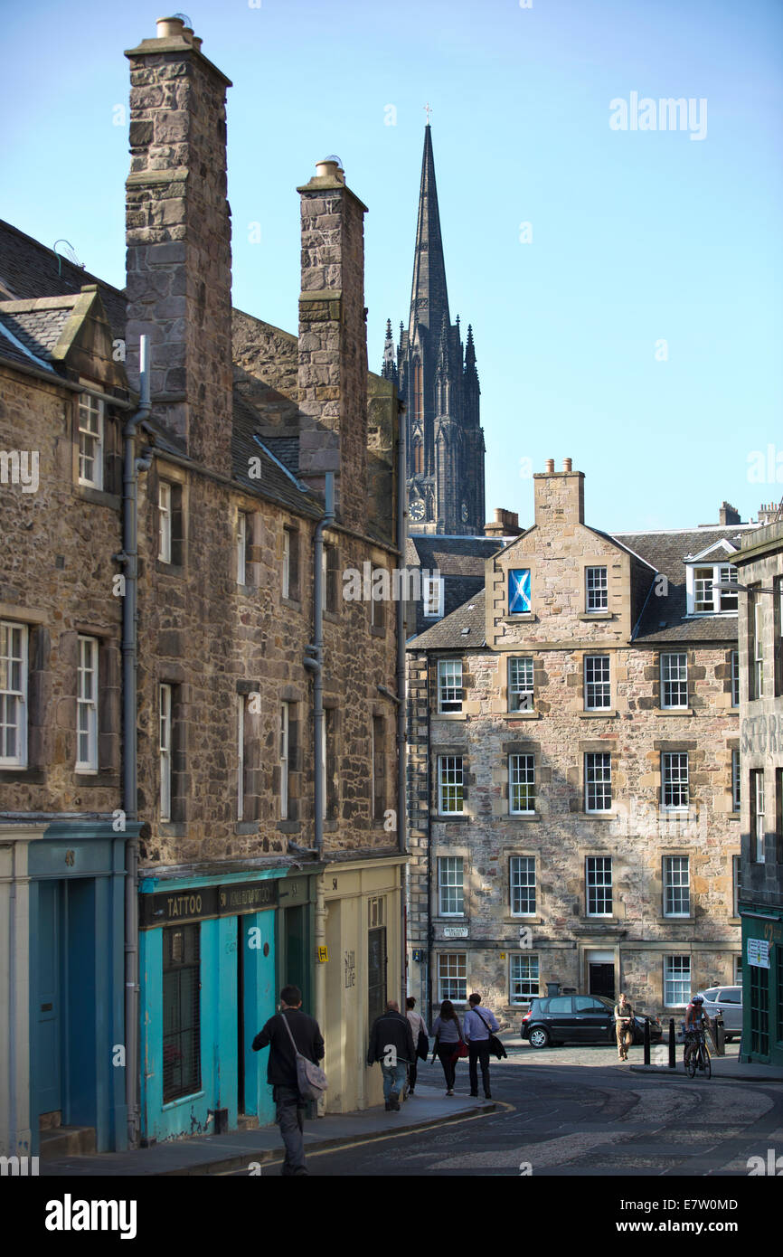 Candlemaker Row leading to Cowgate, in distance the gothic spire of The ...