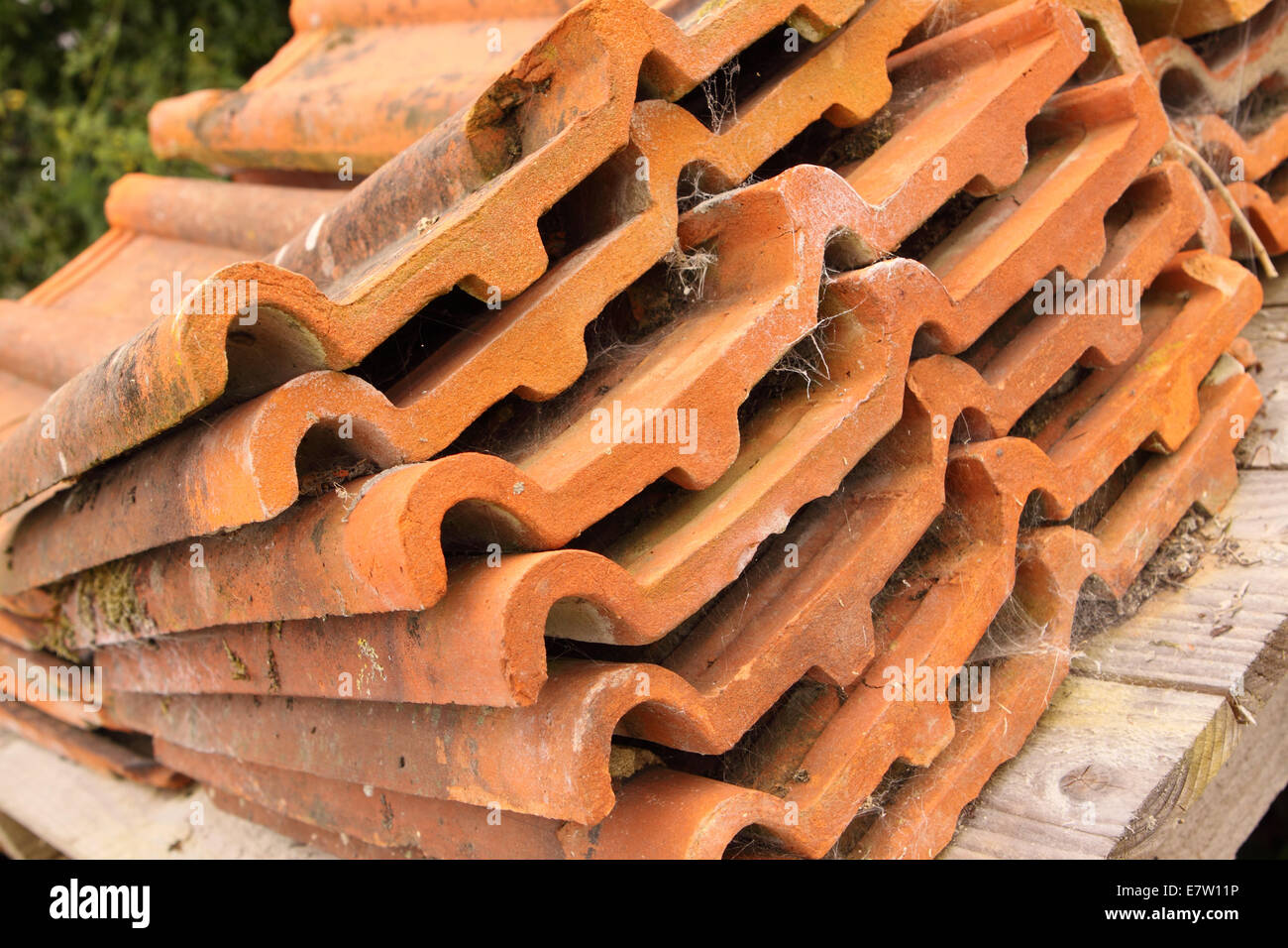 Stack of old surplus roof tiles stored in a garden Stock Photo - Alamy