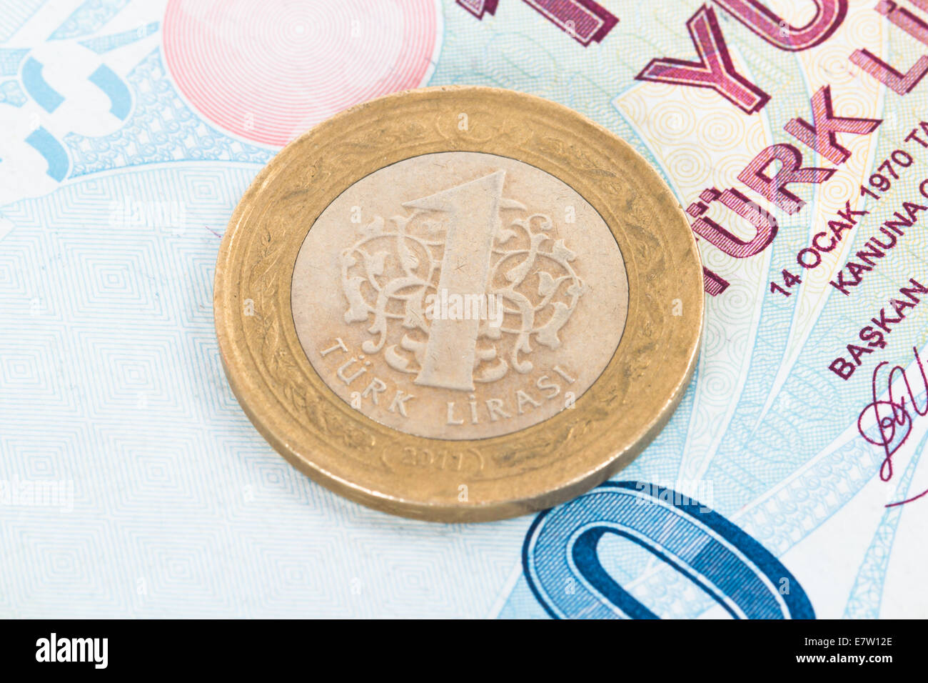 One Turkish lira coin on one hundred banknote Stock Photo - Alamy