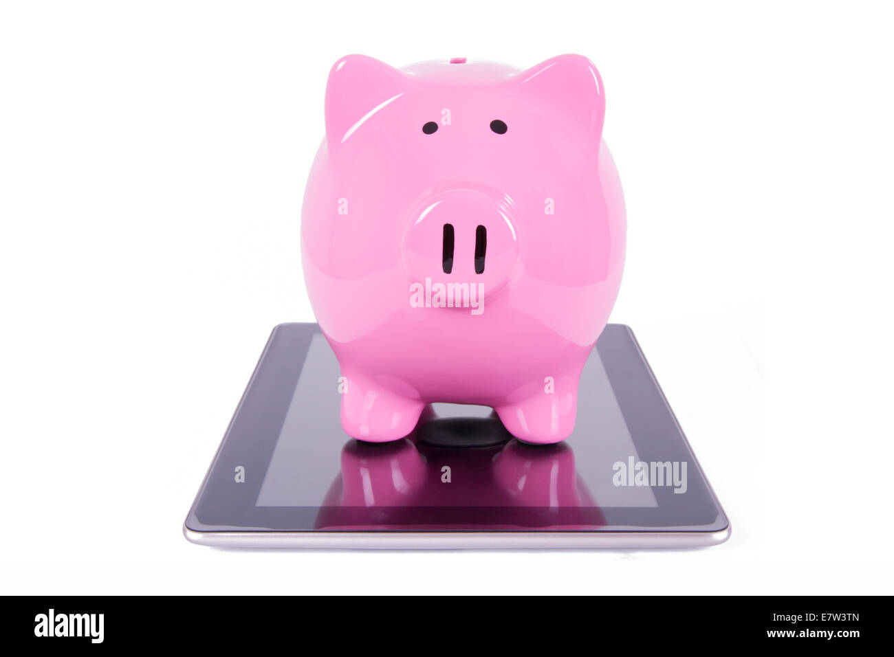 Pink piggy bank on tablet with blank screen, isolated on white ...