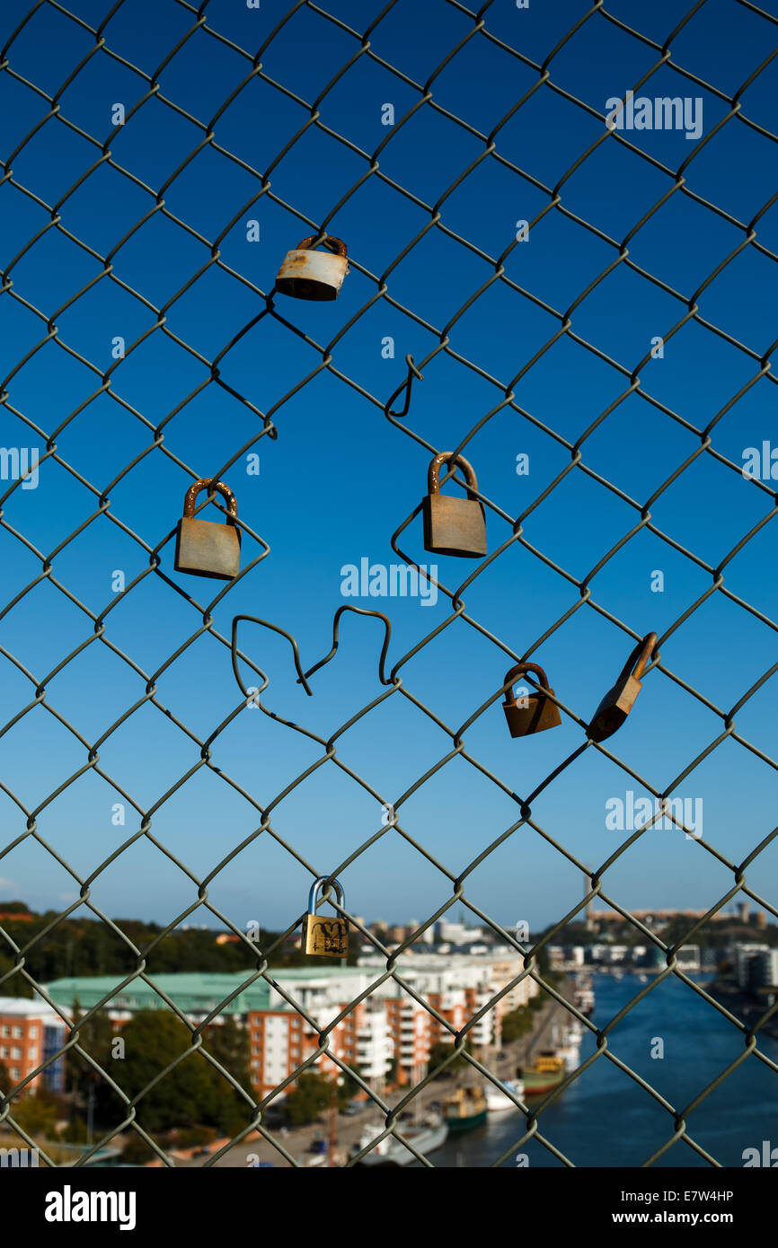 Padlocks on fence on the Skanstullsbron bridge in Stockholm, Sweden ...