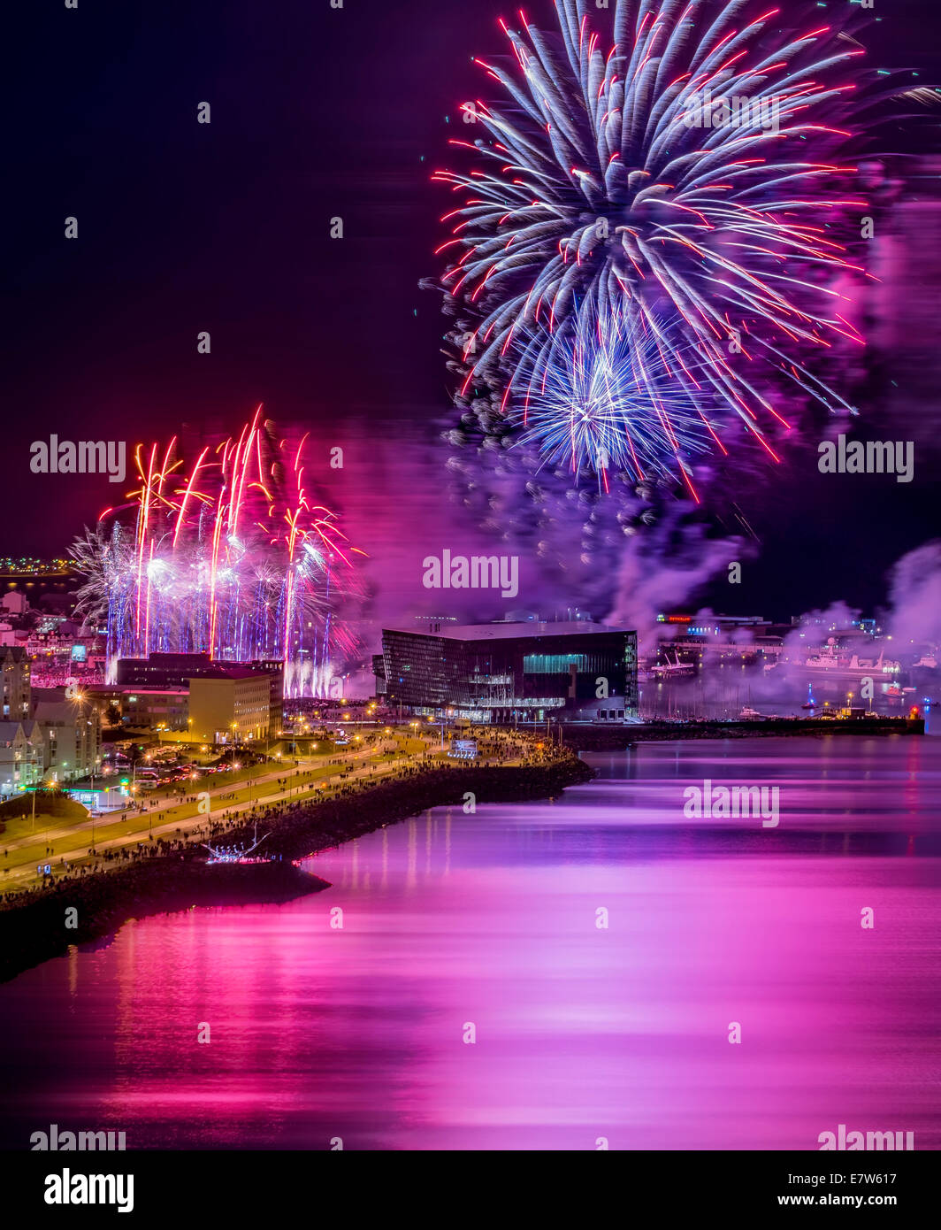 Annunal fireworks display over Reykjavik, Cultural Festival, Iceland ...