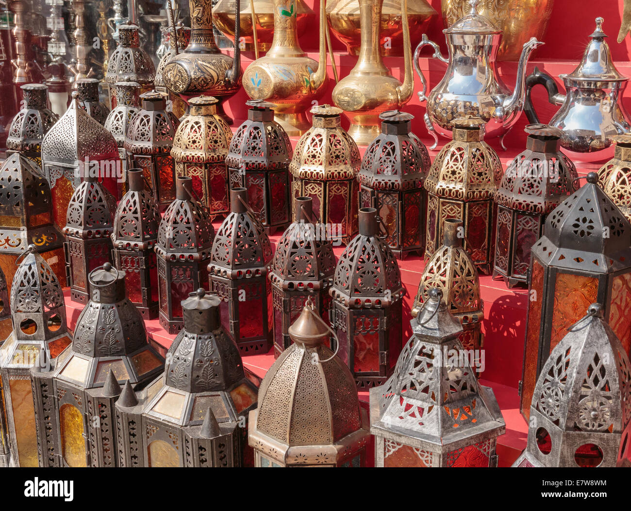 Traditional Arabic metal lights and kettles on the market Stock Photo ...