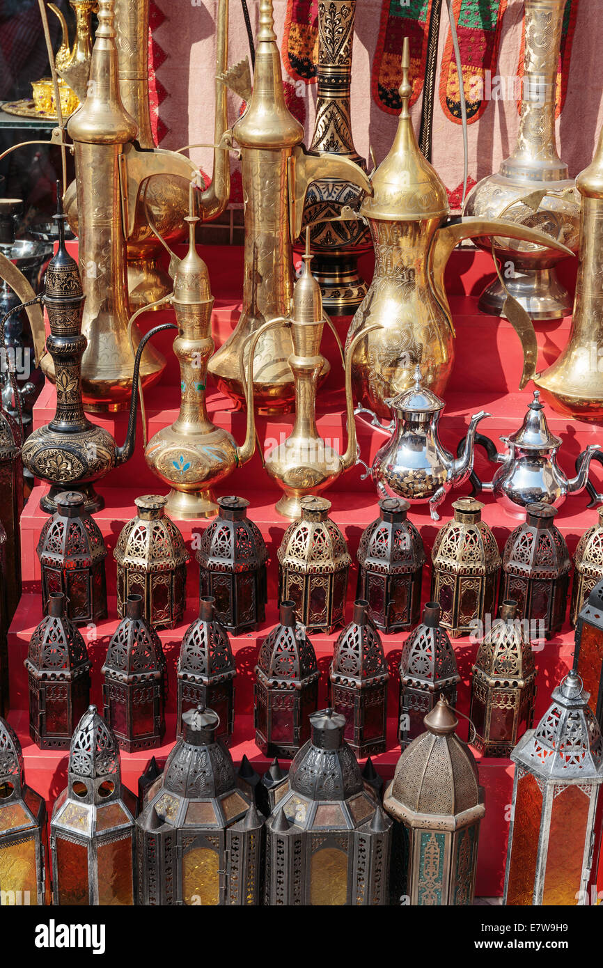 Traditional Arabic metal lights and kettles on the market Stock Photo ...