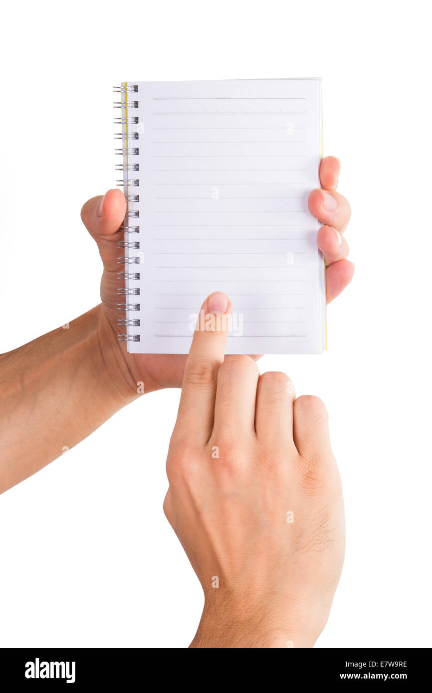 Hands holding and showing white, blank notebook, isolated on white ...