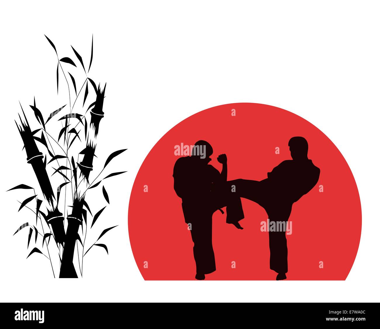 Illustration, of two men engaged in karate over red background Stock ...