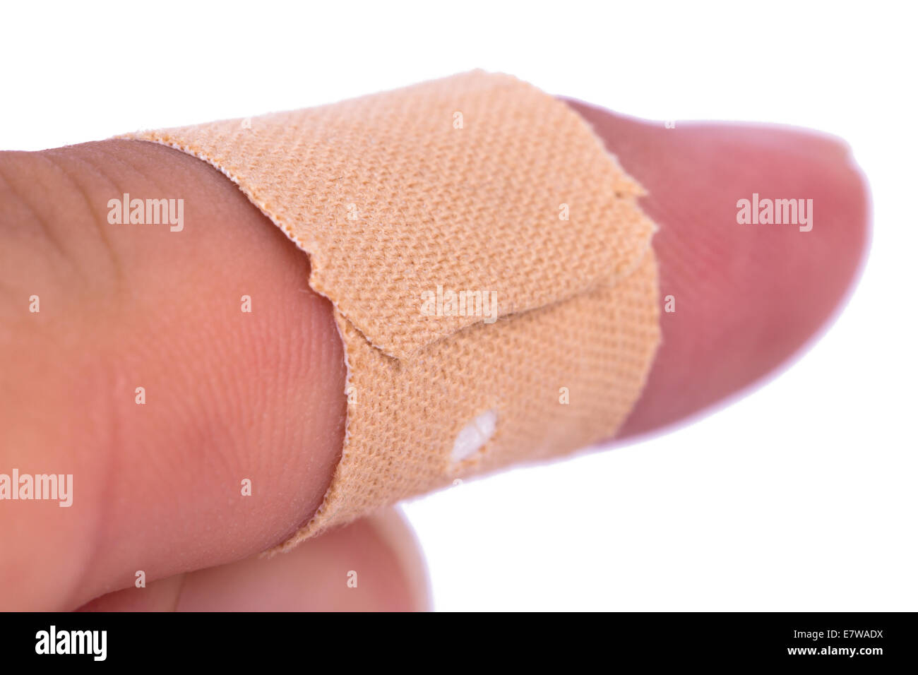 Close up view of adhesive bandage, plaster on index finger, isolated on ...